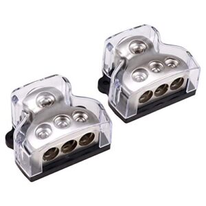 rkurck 3 way power distribution block, 0/2/4 awg gauge in, 4/8/10 gauge out, car audio stereo amp distribution connecting block for audio splitter (1x0ga+3x4ga) 2 pack