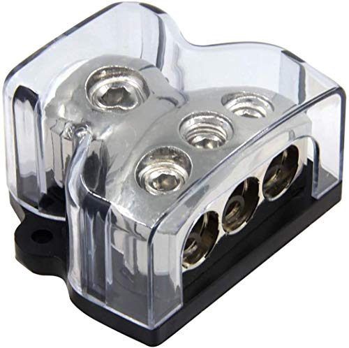 RKURCK 3 Way Power Distribution Block, 0/2/4 AWG Gauge in, 4/8/10 Gauge Out, Car Audio Stereo Amp Distribution Connecting Block for Audio Splitter (1x0GA+3x4GA) 2 Pack