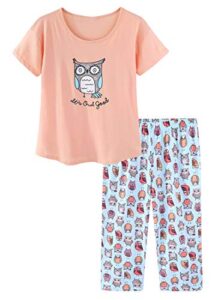 chung women cotton pajama sets sleepwear pjs short sleeve shirt capri pants with cute vivid print (xl, orange owl)