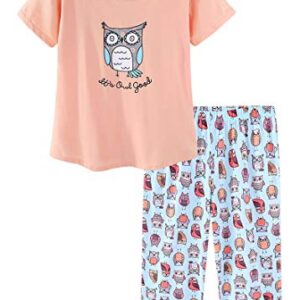 CHUNG Women Cotton Pajama Sets Sleepwear pjs Short Sleeve Shirt Capri Pants with Cute Vivid Print (XL, Orange Owl)