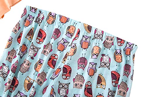 CHUNG Women Cotton Pajama Sets Sleepwear pjs Short Sleeve Shirt Capri Pants with Cute Vivid Print (XL, Orange Owl)