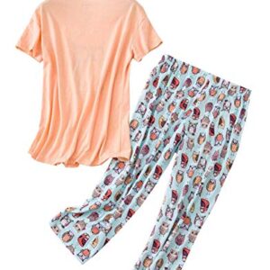 CHUNG Women Cotton Pajama Sets Sleepwear pjs Short Sleeve Shirt Capri Pants with Cute Vivid Print (XL, Orange Owl)