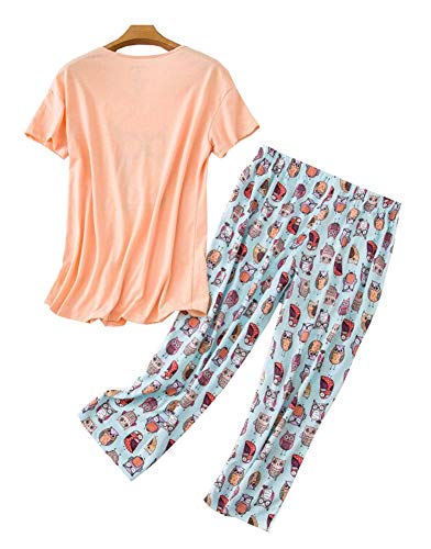 CHUNG Women Cotton Pajama Sets Sleepwear pjs Short Sleeve Shirt Capri Pants with Cute Vivid Print (XL, Orange Owl)