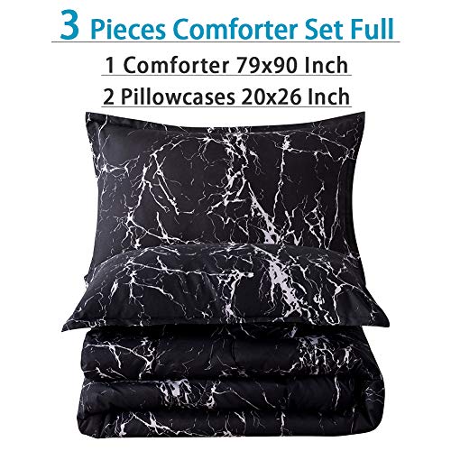 Litanika Black Marble Comforter Full(79X90Inch), 3 Pieces (1 Marble Comforter+2 Pillowcases) Soft Lightweight Microfiber Comforter Bedding Set for Men and Women