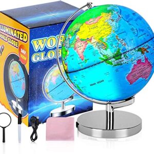 Illuminated World Globe(Dia 8-Inch) for Kids with Stand 6in1 Rewritable Colorful Easy-Read High Clear Map, Illuminates Educational Interactive Globe STEM Toy, Light Up Globe Lamp, Night Light LED Decor