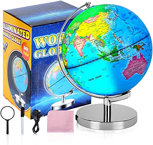 Illuminated World Globe(Dia 8-Inch) for Kids with Stand 6in1 Rewritable Colorful Easy-Read High Clear Map, Illuminates Educational Interactive Globe STEM Toy, Light Up Globe Lamp, Night Light LED Decor