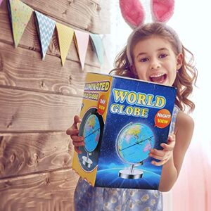 Illuminated World Globe(Dia 8-Inch) for Kids with Stand 6in1 Rewritable Colorful Easy-Read High Clear Map, Illuminates Educational Interactive Globe STEM Toy, Light Up Globe Lamp, Night Light LED Decor