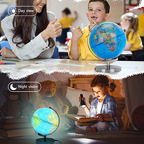 Illuminated World Globe(Dia 8-Inch) for Kids with Stand 6in1 Rewritable Colorful Easy-Read High Clear Map, Illuminates Educational Interactive Globe STEM Toy, Light Up Globe Lamp, Night Light LED Decor