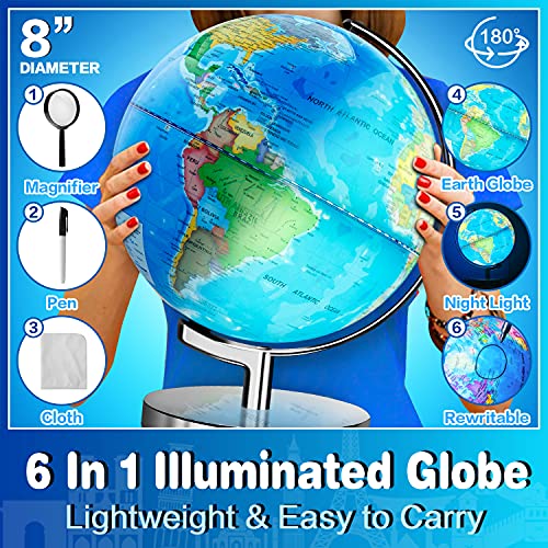 Illuminated World Globe(Dia 8-Inch) for Kids with Stand 6in1 Rewritable Colorful Easy-Read High Clear Map, Illuminates Educational Interactive Globe STEM Toy, Light Up Globe Lamp, Night Light LED Decor