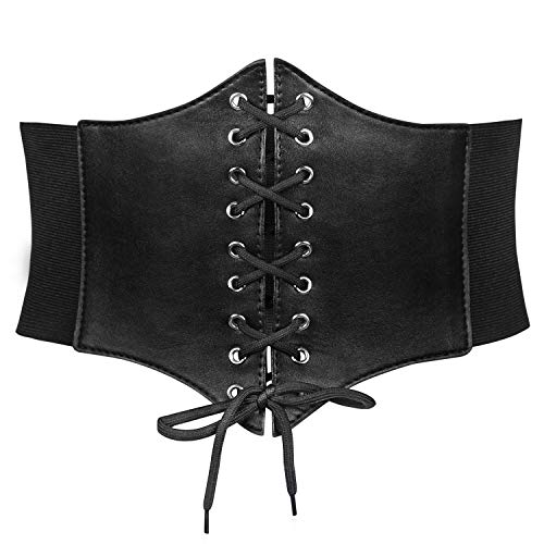 JASGOOD Women’s Elastic Costume Waist Belt Lace-up Tied Waspie Corset Belts for Women, Black,Fits Waist 30-33 Inches