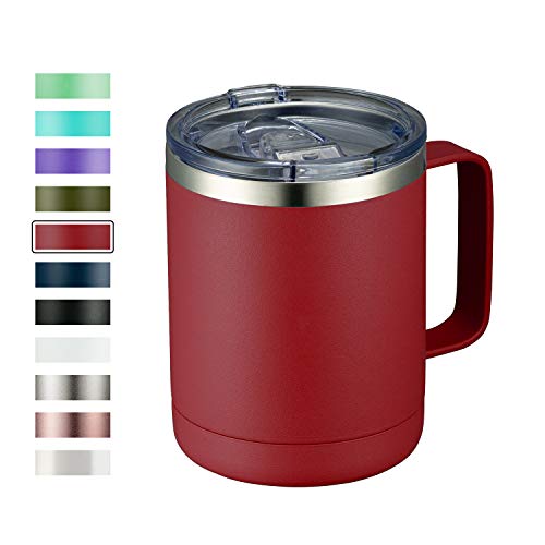 MEWAY 12oz Coffee Mug With Handle and Sliding Lid,Stainless Steel Travel Tumbler Cup with Handle,Double Wall Vacuum Insulated Camping Cup for Hot & Cold Drinks Tea (Red,Set of 1)