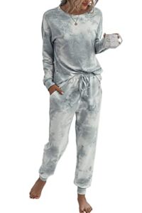 prettygarden women's tie dye two piece tracksuit set long sleeve sweatshirt with long pants (grey,small)