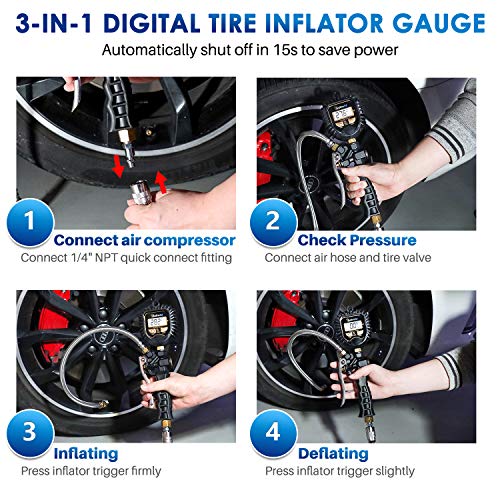 AstroAI Digital Tire Pressure Gauge, Heavy Duty Tire Inflator Gauge 250PSI Air Chuck Compressor Accessories with Stainless Braided Hose, Rotatable Dial&Quick Connect Coupler for Truck/RV/SUV