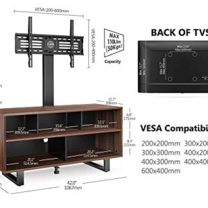 FITUEYES TV Stand with Mount for 32-70 inch TVs, Swivel Floor Entertainment Center with Wood Console Holds Up to 110 Pounds For Living Room, Bedroom (Walnut Television Stands)