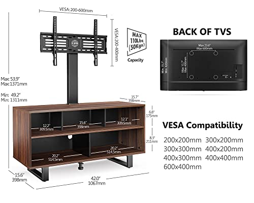 FITUEYES TV Stand with Mount for 32-70 inch TVs, Swivel Floor Entertainment Center with Wood Console Holds Up to 110 Pounds For Living Room, Bedroom (Walnut Television Stands)