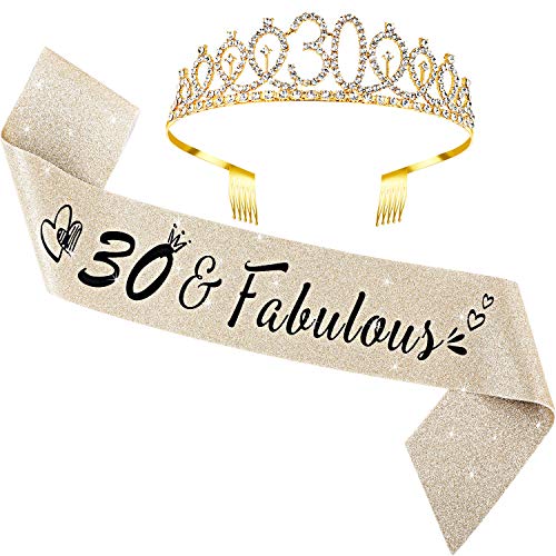 WILLBOND 30th Birthday Sash and Tiara Set 30 and Fabulous Satin Sash Gold Glitter Birthday Rhinestone Tiara Crown for 30th Party Supplies Favors Decorations