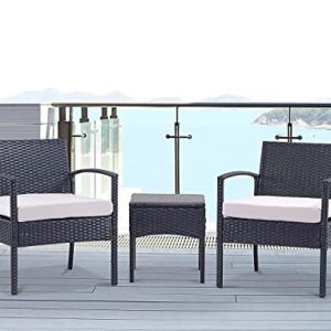 Tappio Outdoor Furniture 3 Piece Patio Bistro Furniture Set, Rattan Conversation Chairs Set with Side Table and Cushions, Porch Set Patio Furniture Set for Balcony Garden Yard, Gray