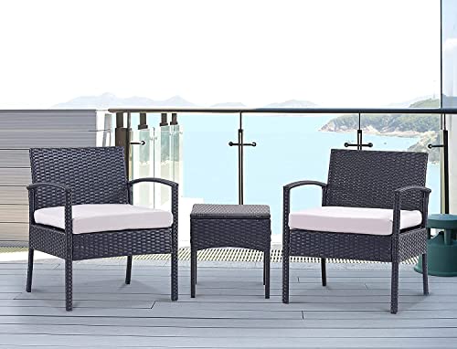 Tappio Outdoor Furniture 3 Piece Patio Bistro Furniture Set, Rattan Conversation Chairs Set with Side Table and Cushions, Porch Set Patio Furniture Set for Balcony Garden Yard, Gray