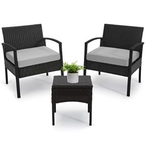 tappio outdoor furniture 3 piece patio bistro furniture set, rattan conversation chairs set with side table and cushions, porch set patio furniture set for balcony garden yard, gray