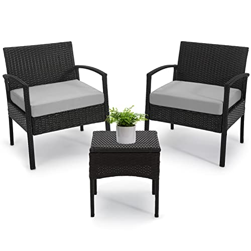 Tappio Outdoor Furniture 3 Piece Patio Bistro Furniture Set, Rattan Conversation Chairs Set with Side Table and Cushions, Porch Set Patio Furniture Set for Balcony Garden Yard, Gray