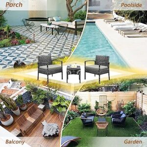 Tappio Outdoor Furniture 3 Piece Patio Bistro Furniture Set, Rattan Conversation Chairs Set with Side Table and Cushions, Porch Set Patio Furniture Set for Balcony Garden Yard, Gray