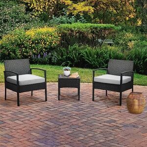 Tappio Outdoor Furniture 3 Piece Patio Bistro Furniture Set, Rattan Conversation Chairs Set with Side Table and Cushions, Porch Set Patio Furniture Set for Balcony Garden Yard, Gray