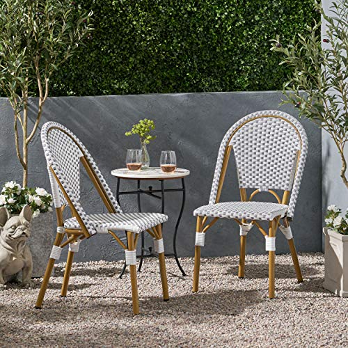 Christopher Knight Home Philomena Outdoor French Bistro Chair (Set of 2), Gray + White + Bamboo Print Finish