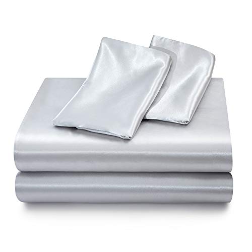 Satin Bed Sheets Full Size Sheet Sets, Silver Grey Silk Sheets, 4 - Pieces Soft Bedding Set with 1 Deep Pocket Fitted Sheet,1 Flat Sheet,2 Pillowcase