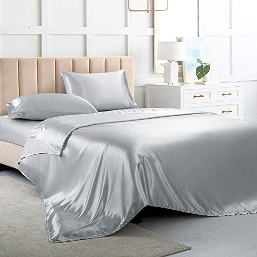 Satin Bed Sheets Full Size Sheet Sets, Silver Grey Silk Sheets, 4 - Pieces Soft Bedding Set with 1 Deep Pocket Fitted Sheet,1 Flat Sheet,2 Pillowcase