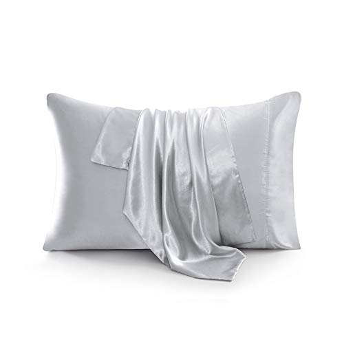 Satin Bed Sheets Full Size Sheet Sets, Silver Grey Silk Sheets, 4 - Pieces Soft Bedding Set with 1 Deep Pocket Fitted Sheet,1 Flat Sheet,2 Pillowcase