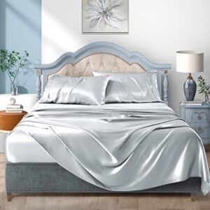 Satin Bed Sheets Full Size Sheet Sets, Silver Grey Silk Sheets, 4 - Pieces Soft Bedding Set with 1 Deep Pocket Fitted Sheet,1 Flat Sheet,2 Pillowcase