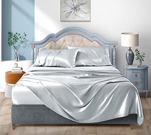 Satin Bed Sheets Full Size Sheet Sets, Silver Grey Silk Sheets, 4 - Pieces Soft Bedding Set with 1 Deep Pocket Fitted Sheet,1 Flat Sheet,2 Pillowcase