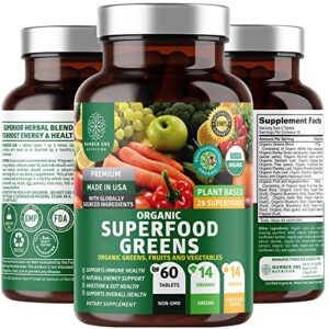 n1n premium organic superfood greens [28 powerful ingredients] natural fruit and veggie supplement with alfalfa, beet root and ginger to boost energy, immunity and gut health, made in usa, 60 ct