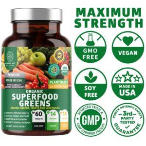 N1N Premium Organic Superfood Greens [28 Powerful Ingredients] Natural Fruit and Veggie Supplement with Alfalfa, Beet Root and Ginger to Boost Energy, Immunity and Gut Health, Made in USA, 60 Ct