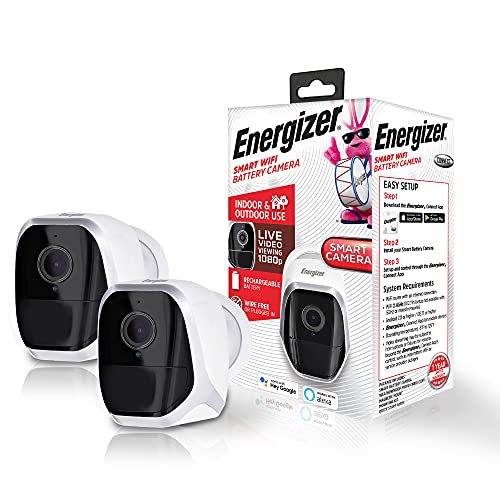 2pk Energizer Connect Wireless Rechargeable Battery-Powered Smart WiFi Security Camera, 1080p Video, Indoor/Outdoor Weatherproof, PIR Motion Detection, 2-Way Audio, Night Vision, Cloud Storage/SD Slot