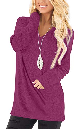 Jescakoo Womens Long Sleeve Tops Loose Fall Tunic Shirts V Neck Workout Fuchsias S