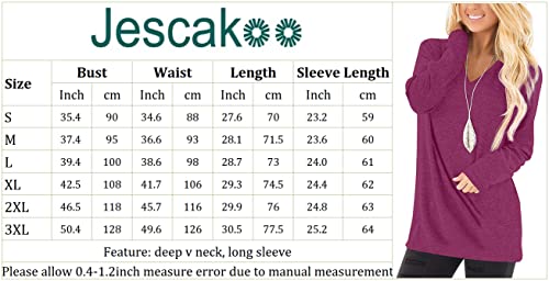 Jescakoo Womens Long Sleeve Tops Loose Fall Tunic Shirts V Neck Workout Fuchsias S