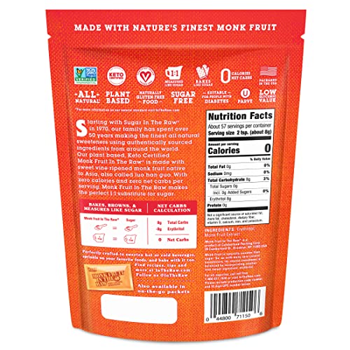 MONK FRUIT IN THE RAW, Natural Monk Fruit Sweetener w/ Erythritol, Sugar-Free Keto, Gluten Free, Zero Calorie, Low Carb, Vegan, Sugar Substitute, 16 oz. Baking Bag (Pack of 1)