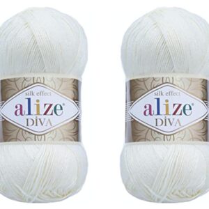 Alize Diva Yarn Hand Knitting Yarn 100% Microfiber Acrylic Yarn Alize Diva Silk Effect Thread Crochet Art Lace Craft Lot of 2 skeins 200gr 767 yds (1055-Sugar White)