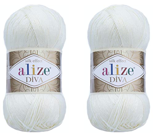 Alize Diva Yarn Hand Knitting Yarn 100% Microfiber Acrylic Yarn Alize Diva Silk Effect Thread Crochet Art Lace Craft Lot of 2 skeins 200gr 767 yds (1055-Sugar White)