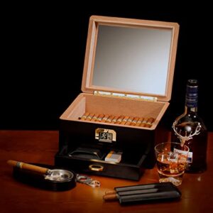 Woodronic Cigar Humidor and Boveda 72% Humidity Packs with Accessory Drawer, 25-50 Cigar Box with Digital Hygrometer, Spanish Cedar Lining and Divider, Boveda Holder, Great Gift for Fathers