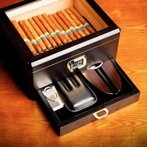 Woodronic Cigar Humidor and Boveda 72% Humidity Packs with Accessory Drawer, 25-50 Cigar Box with Digital Hygrometer, Spanish Cedar Lining and Divider, Boveda Holder, Great Gift for Fathers