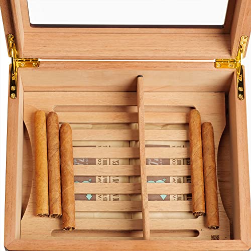 Woodronic Cigar Humidor and Boveda 72% Humidity Packs with Accessory Drawer, 25-50 Cigar Box with Digital Hygrometer, Spanish Cedar Lining and Divider, Boveda Holder, Great Gift for Fathers