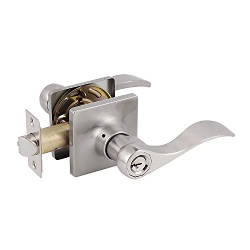 Probrico Keyed Entry Door Lever with Lock in Satin Nickel for Exterior Front Gate or Interior Doors Wave Shape Entrance Hardware Reversible for Right/Left Handed Sides, 1 Pack