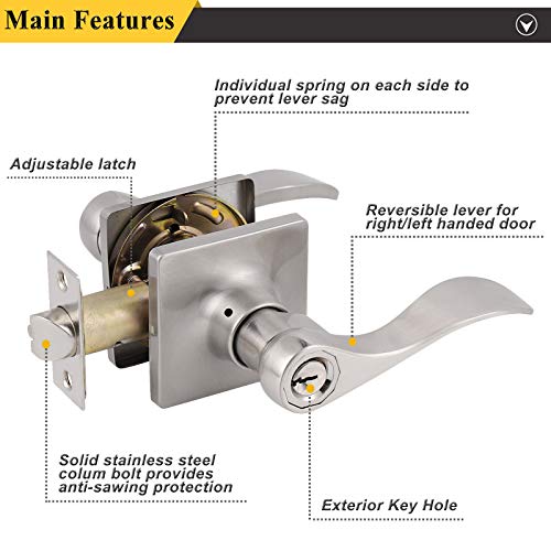 Probrico Keyed Entry Door Lever with Lock in Satin Nickel for Exterior Front Gate or Interior Doors Wave Shape Entrance Hardware Reversible for Right/Left Handed Sides, 1 Pack