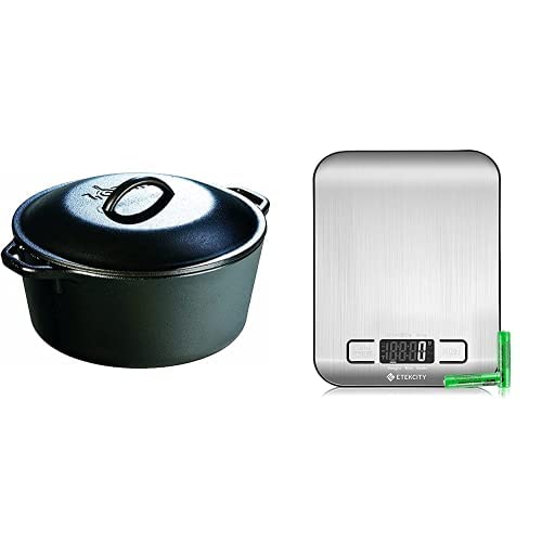 Lodge 5 Quart Cast Iron Dutch Oven. Pre-Seasoned Pot with Lid and Dual Loop Handle & Etekcity Food Scale, Digital Kitchen Weight Grams and Ounces for Baking and Cooking, Small, 304 Stainless Steel