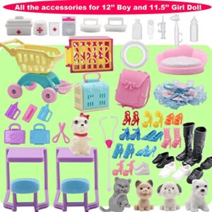 ZTWEDEN 85Pcs Doll Clothes and Accessories for 12 Inch Boy Dolls and Girl Dolls Pet Care Set Includes 25 Wear Clothes Shirt Jeans Suit Shoes Pet Doctor Playset Trolley Backpack for 12'' Boy Girl Doll