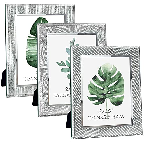 ZBEIVAN 8x10 Picture Frames 3-Pack Ornament Sparkling Glass Silver Glittery Mirrored Edge Vertical Horizontal Desk Tabletop Standing 10x8 Photo Frame