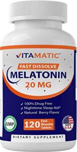 vitamatic melatonin 20mg tablets | vegetarian, non-gmo, gluten free | high potency 20 mg | natural berry flavor 120 tablets