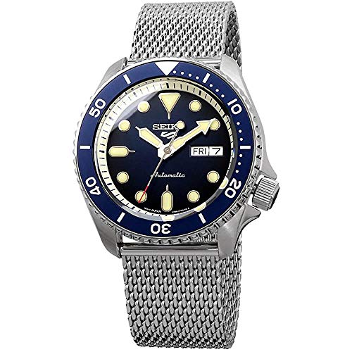 SEIKO SRPD71 Watch for Men - 5 Sports - Automatic with Manual Winding Movement, Blue Dial with Blue Bezel, Stainless Steel Case and Mesh Bracelet, 100m Water-Resistant, and Day/Date Display